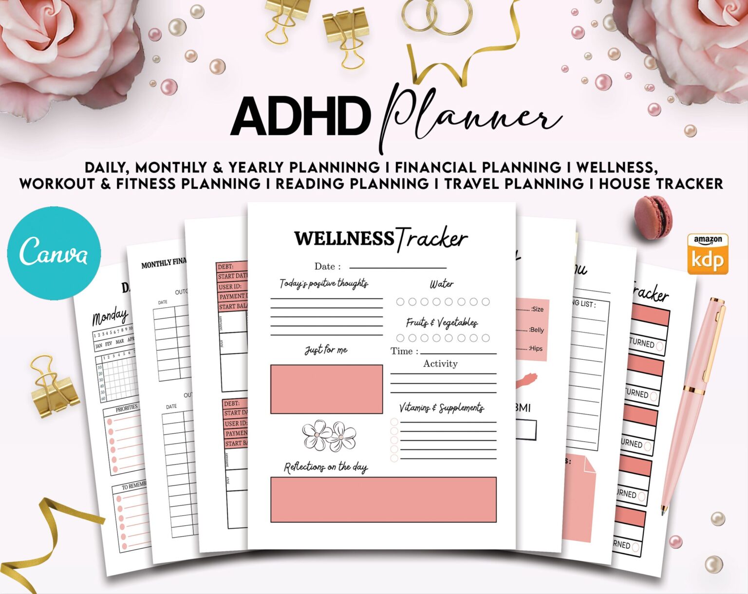 Printable ADHD Daily Planner Template for Adult, +160 Canva Editable ...
