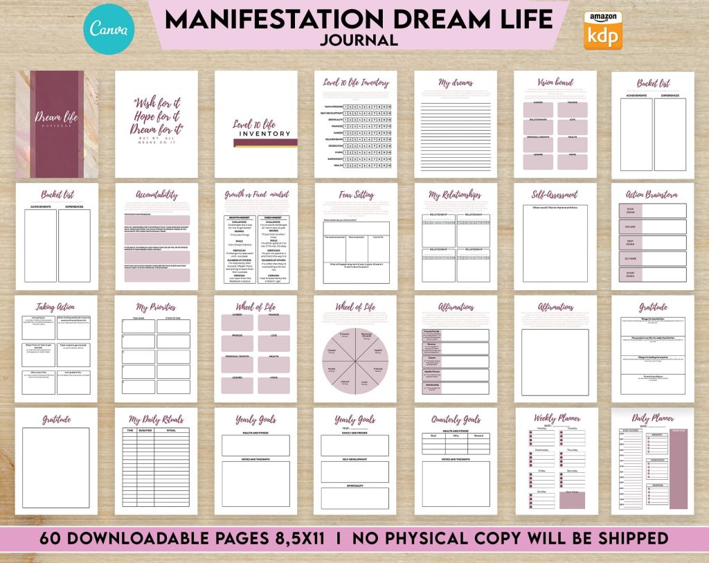 Dream Life Journal 8.5x11", 60 Canva Editable Interior Templates ...