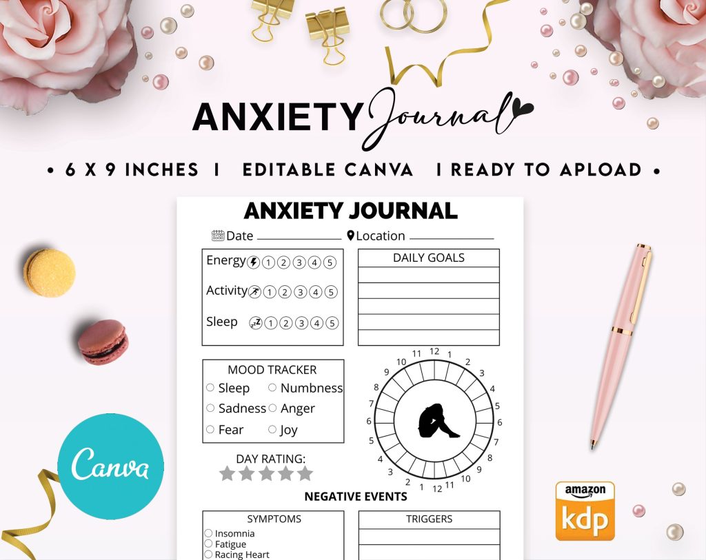Anxiety Journal Prompts for men and women, 6x9" Canva Editable Interior ...