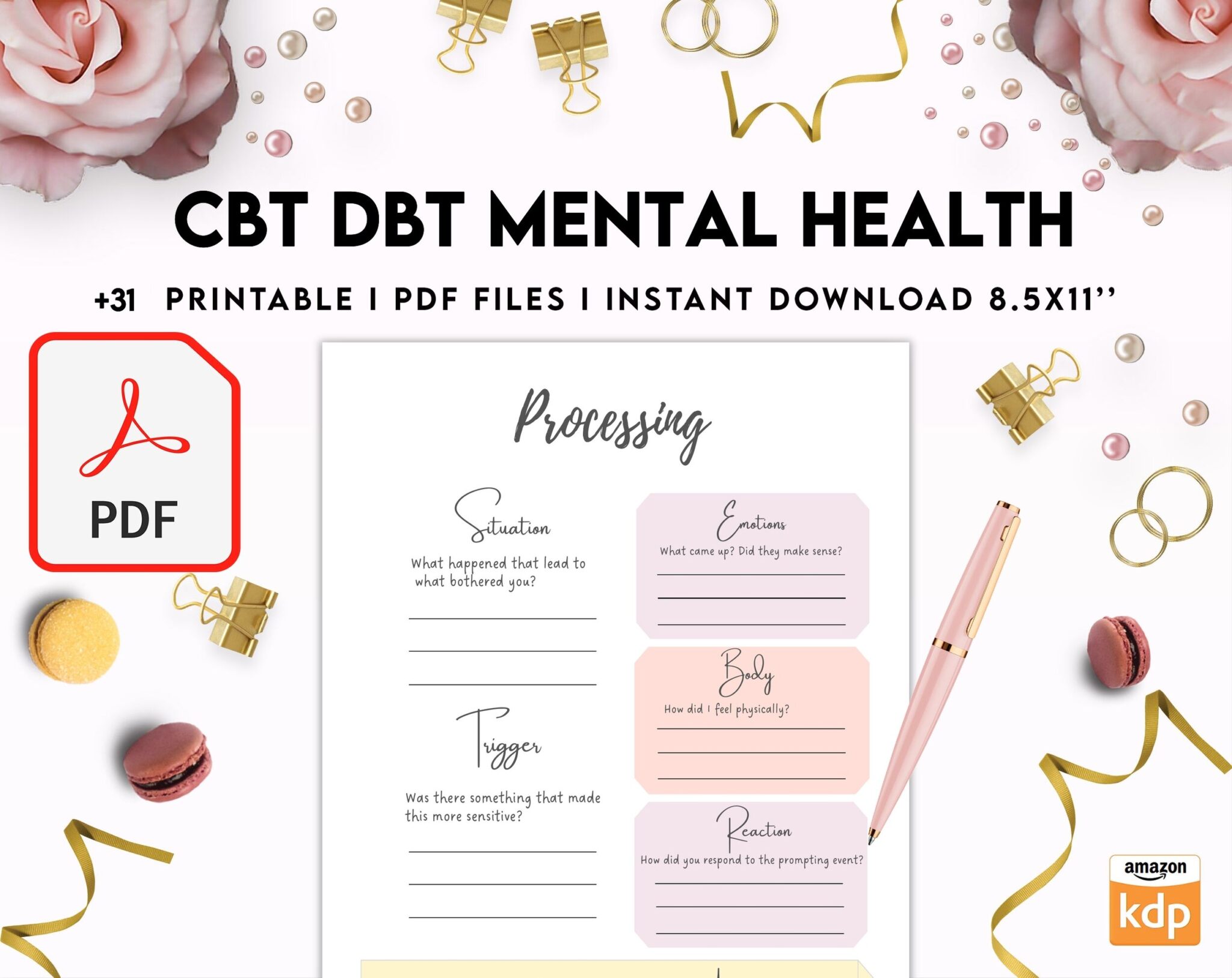 CBT + DBT Mental Health Journal, Worksheets, Situation Processing ...