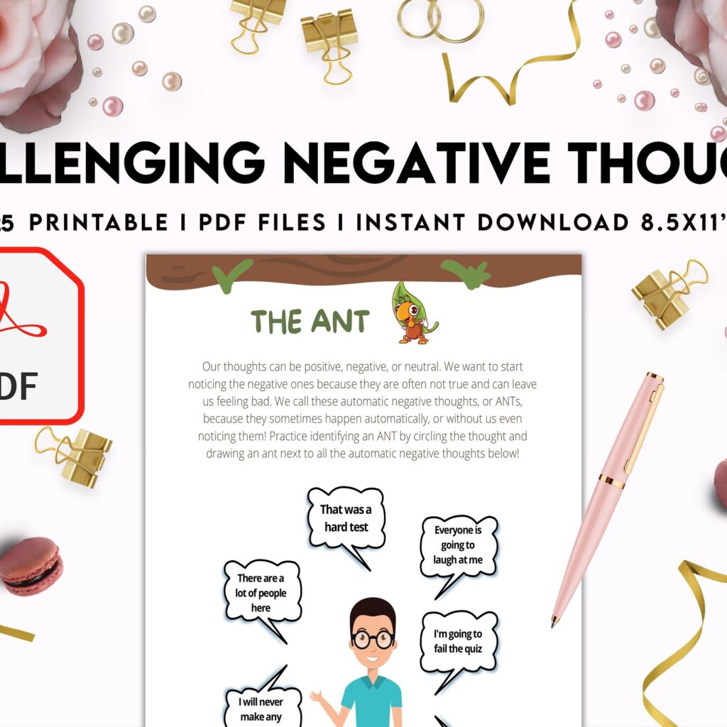 Printable Challenging Negative Thoughts Worksheet, CBT 8x11 inch pages ...