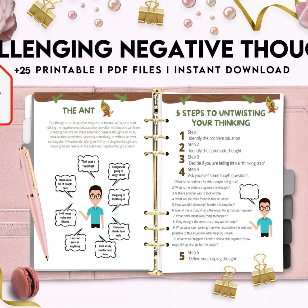 Printable Challenging Negative Thoughts Worksheet, CBT 8x11 inch pages ...