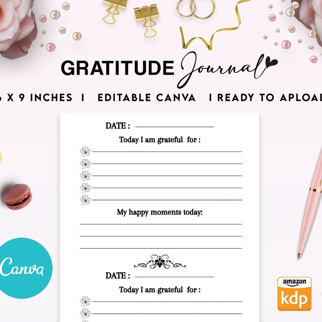 Gratitude Journal Template, 6x9" Canva Editable Interior Template ...