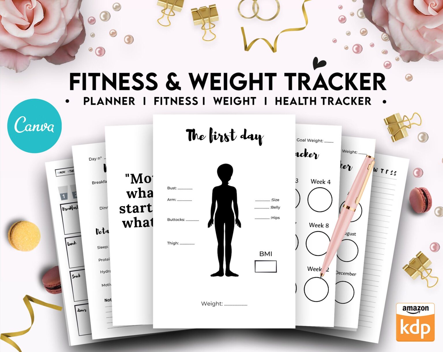 Weight Loss Tracker Template Planner, 10 Canva Editable Interiors ...