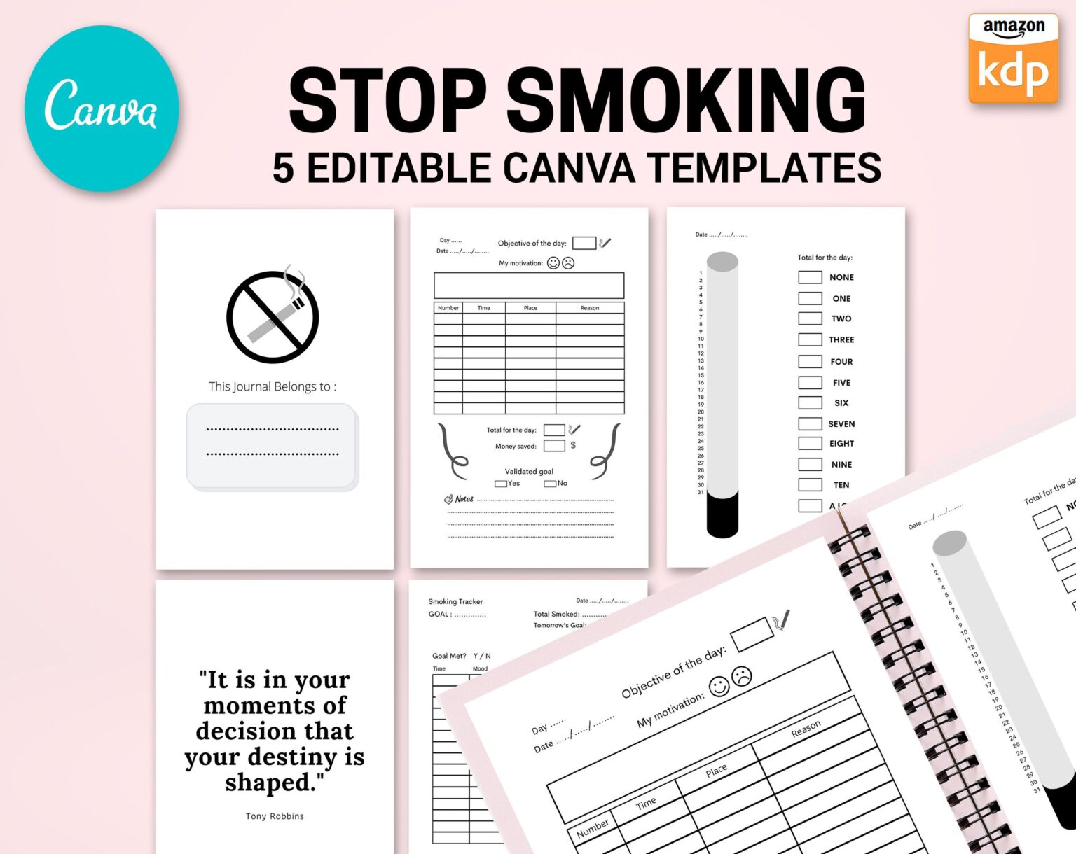 Stop Smoking Tracker Journal 5 Editable Canva Templates for Journal ...