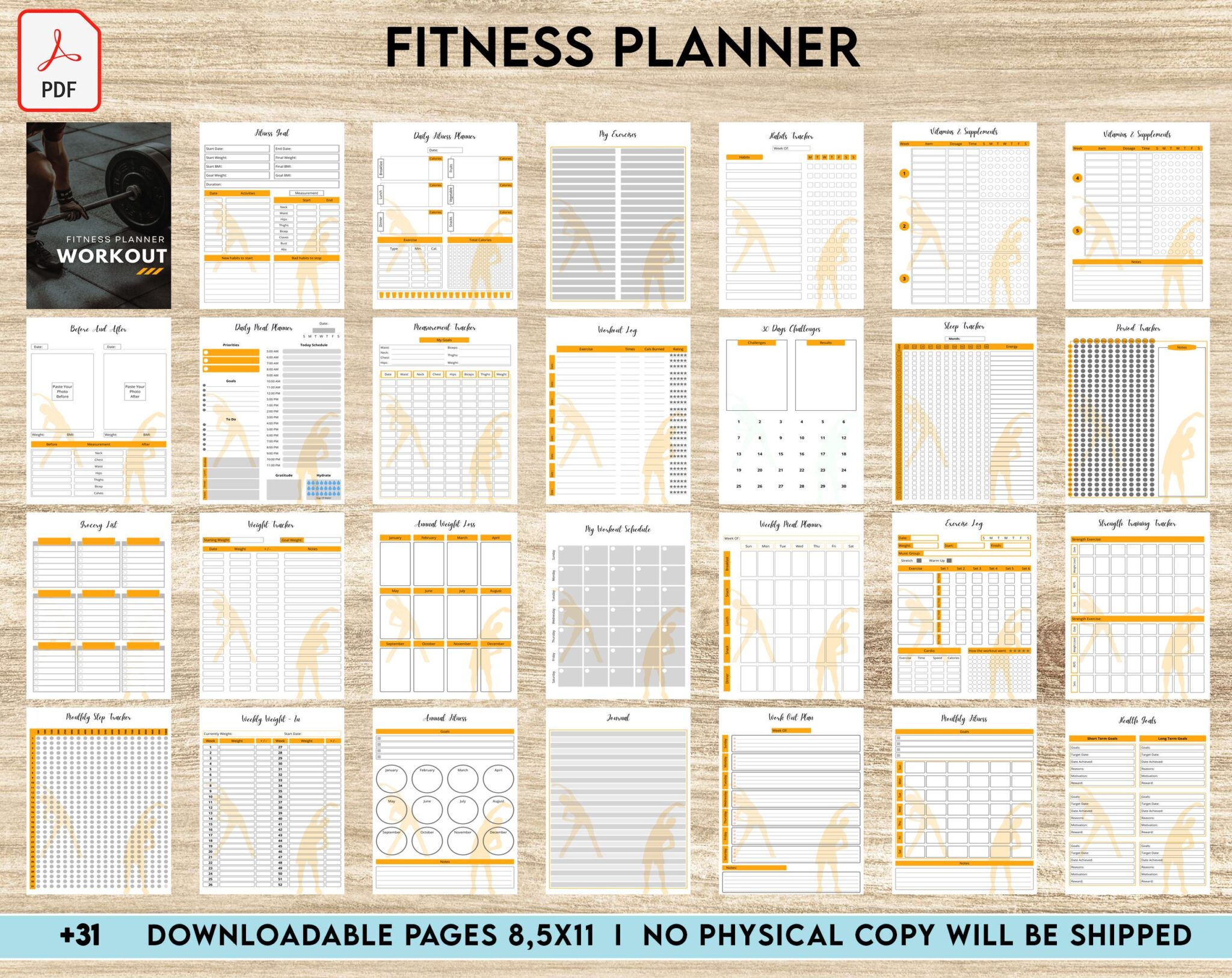 Free Fitness Planner PDF Printable, 8,5x11 inch A4 size, For journal ...