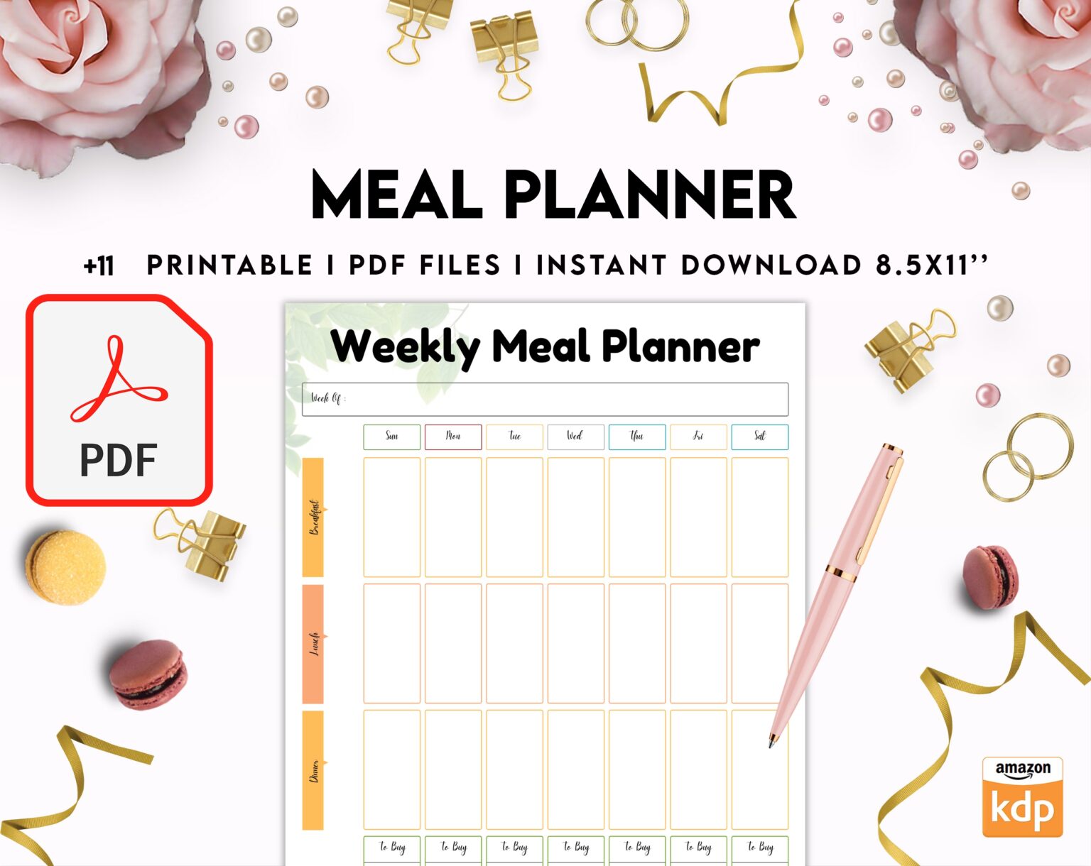 Free Meal Planner PDF Printable, 8,5x11 inch A4 size, For journal ...