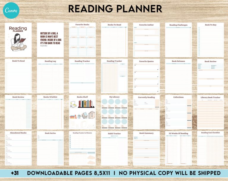 Reading Planner Canva Editable Templates, 8,5x11 inch A4 size, For ...