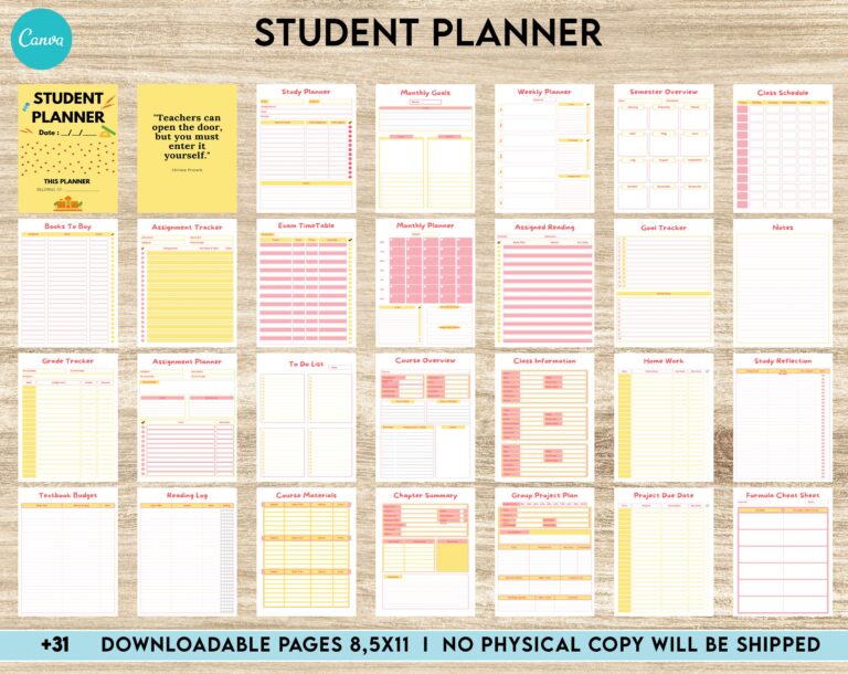 Student Planner Canva Editable Templates, 8,5x11 inch A4 size, For ...