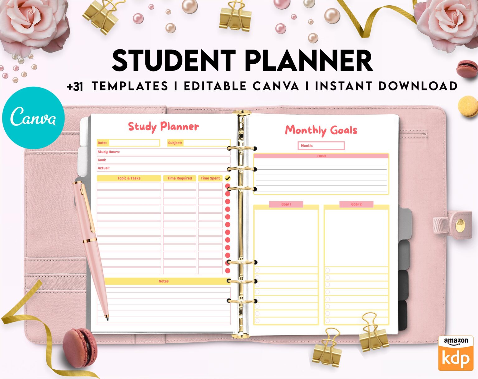 Student Planner Canva Editable Templates, 8,5x11 inch A4 size, For ...
