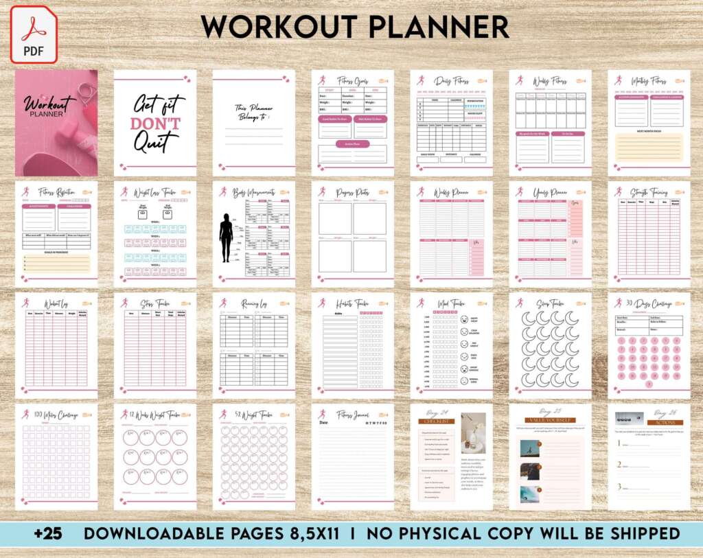 Free Fitness Planner PDF Printable, 8,5x11 inch A4 size, For journal ...
