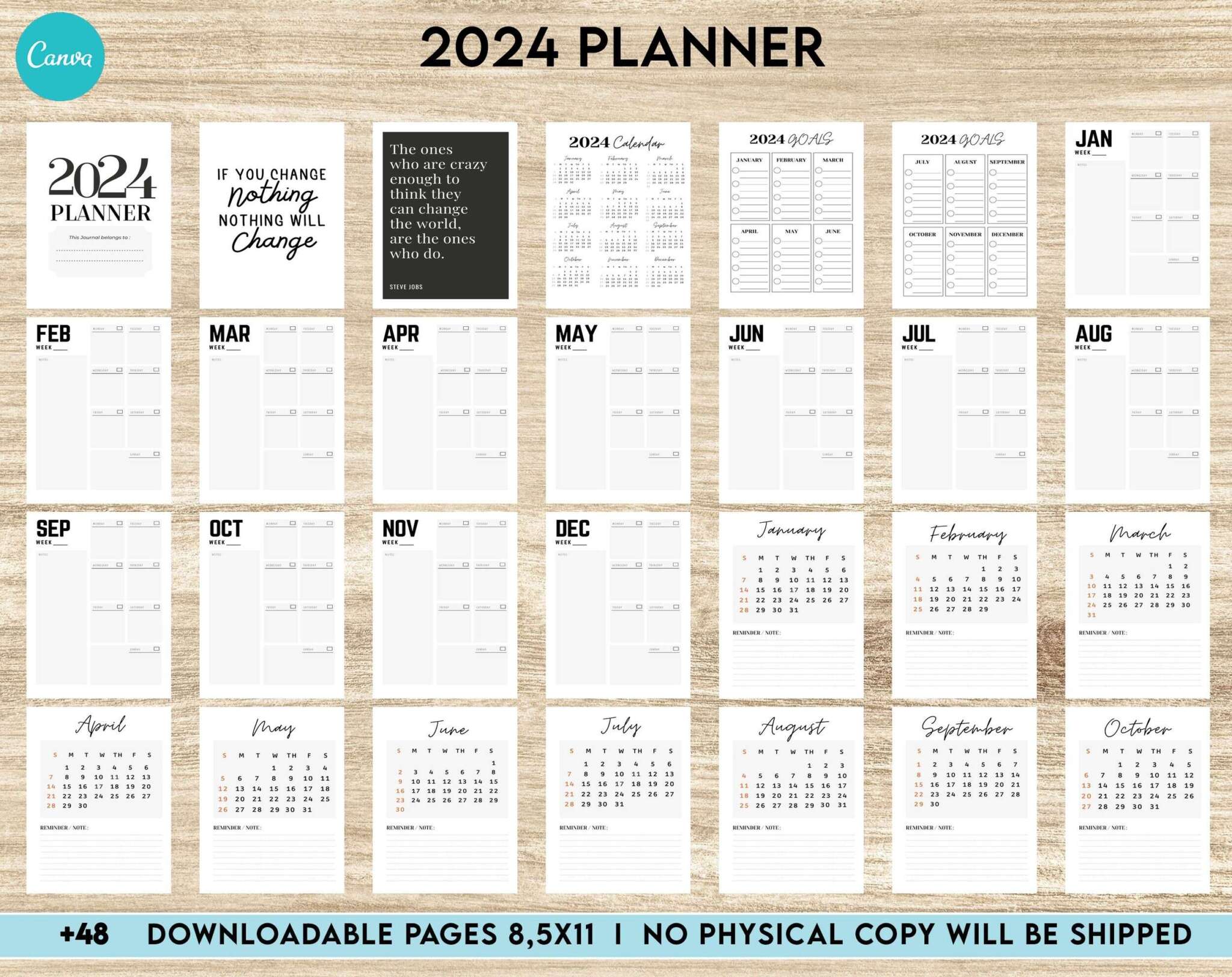 2024 Planner, Dated 2024 planner Calendar, Canva Editable Templates ...