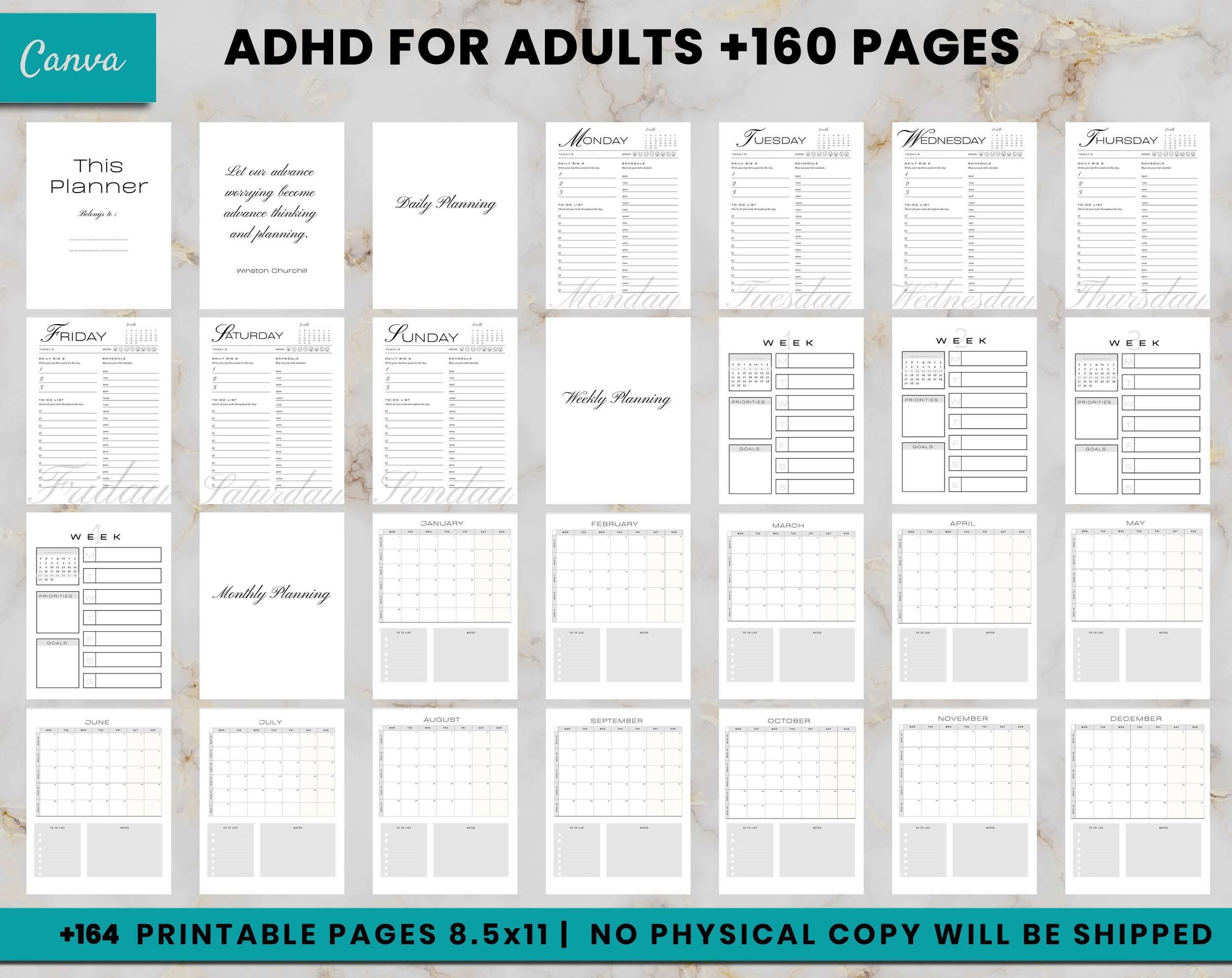 ADHD Journal For Adults +160 Canva Editable Templates. - Planners weekly