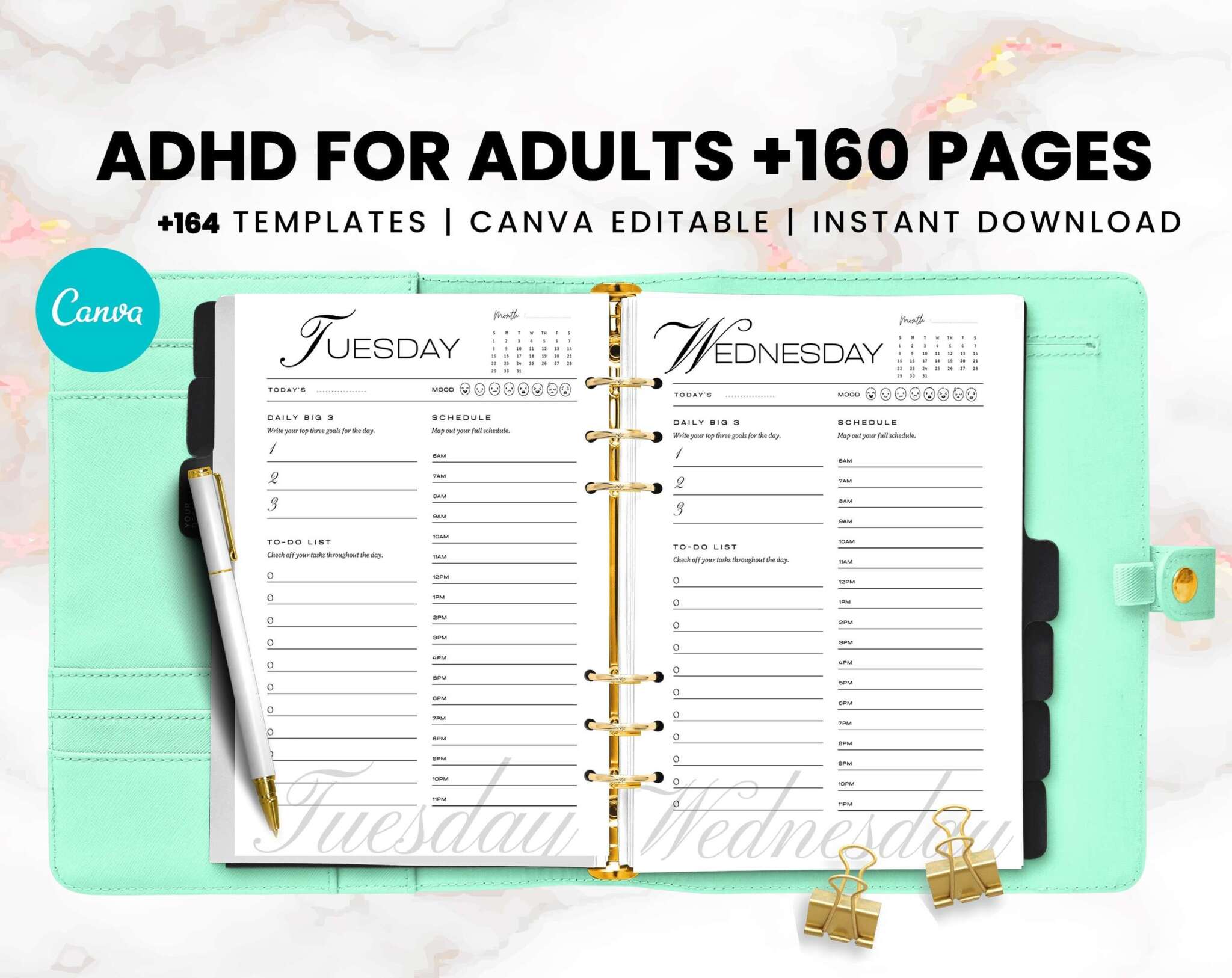 ADHD Journal For Adults +160 Canva Editable Templates. - Planners weekly