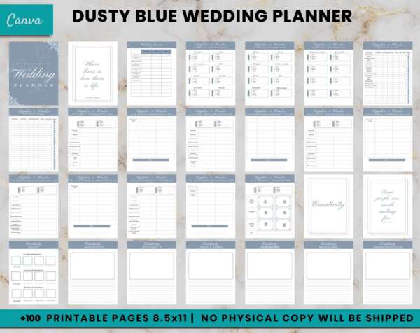 Dusty Blue Wedding Planner 100 Canva Editable Templates - Planners weekly